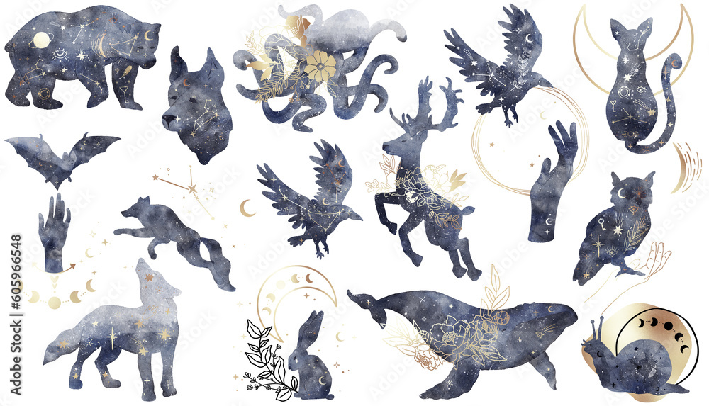 Set of Watercolor Wildanimals. Cosmic magical painting isolated on ...