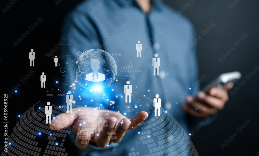 CRM or Customer relationship management concept. Businessman use ...