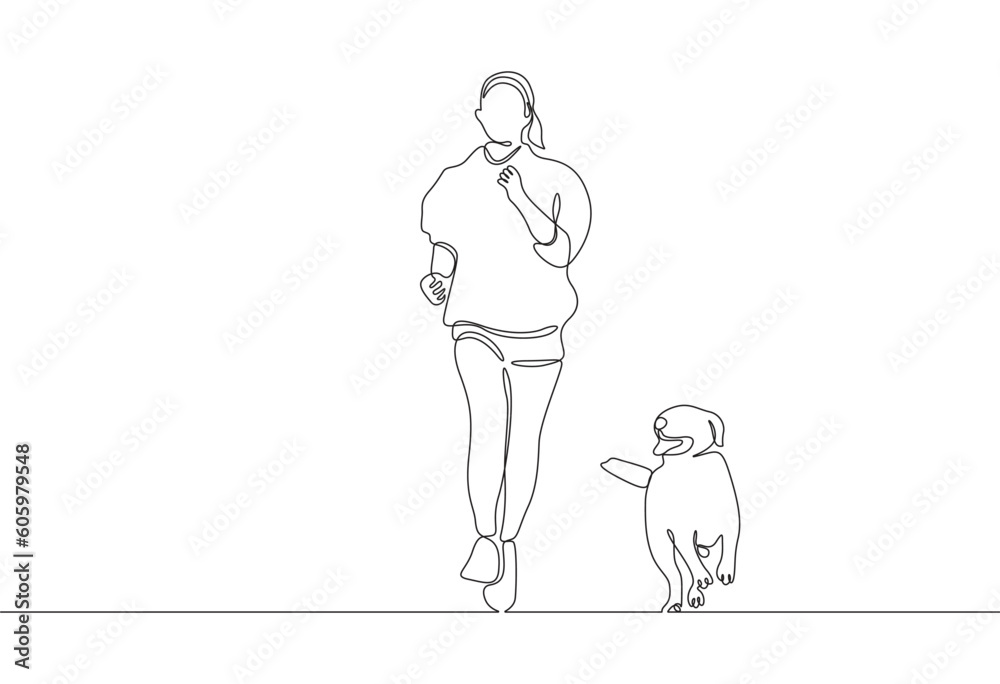 Continuous line drawing of a woman running with her dog pet vector ...