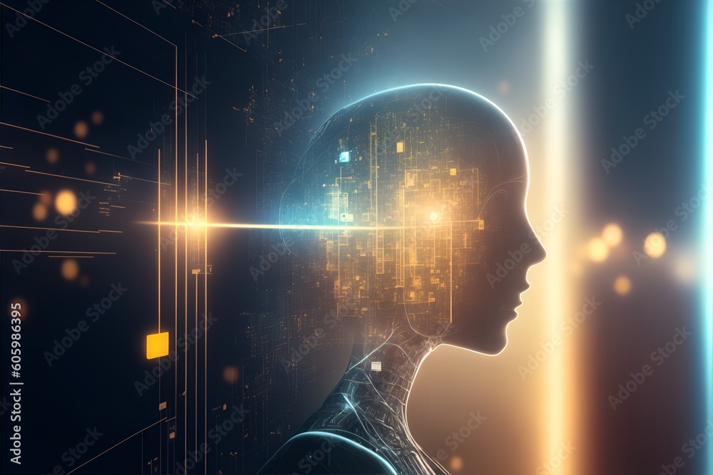 Artificial intelligence. AI. Digital human face AI. Human face made ...