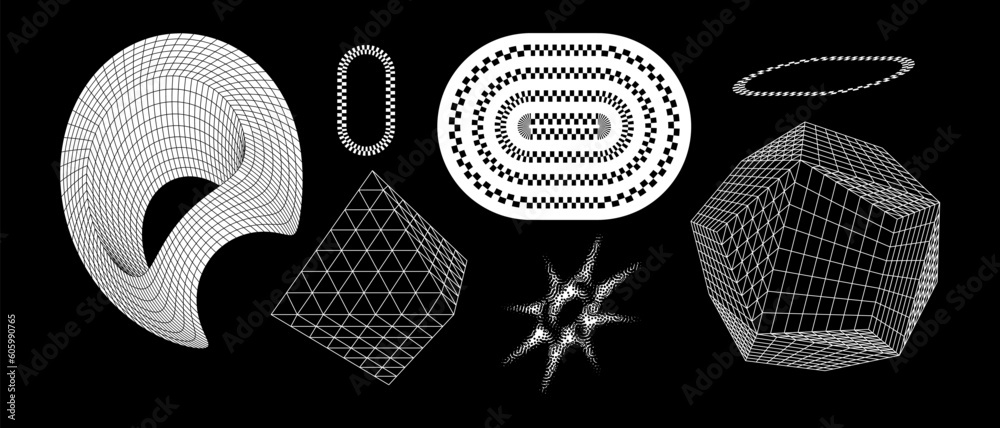Geometry wireframe shapes and grids. Abstract, cyberpunk, 3D elements ...