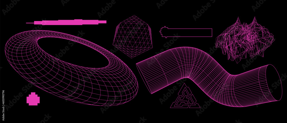 Vetor de Geometry wireframe shapes and grids. Abstract, cyberpunk, 3D elements, backgrounds ...