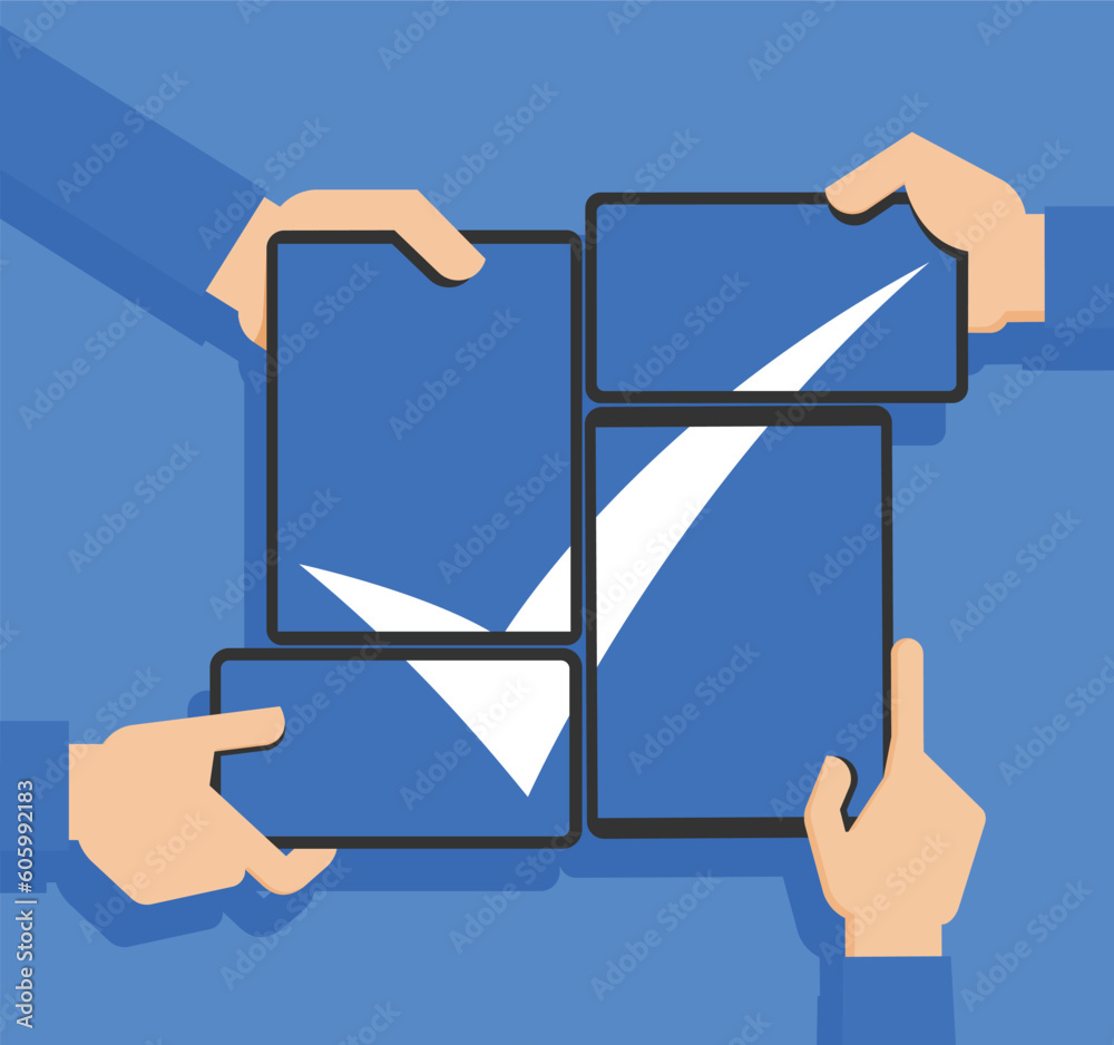 Vecteur Stock Hands hold a tablet and mobile phone on the screens of ...