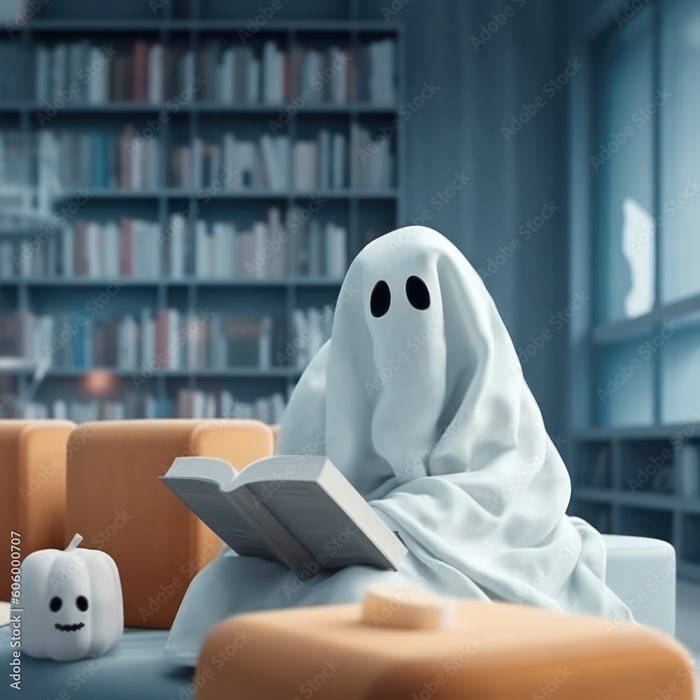 cute and funny ghost reading a book .Generative AI Stock Illustration ...