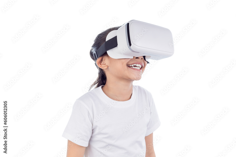 Kid using virtual reality headset, surprised child looking in VR ...