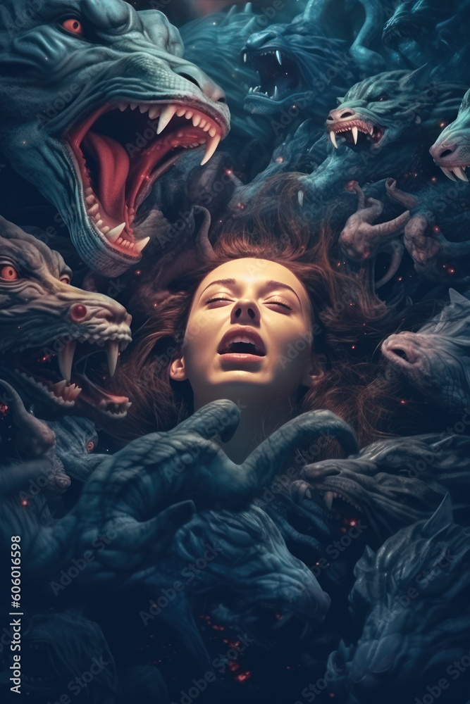 Generative AI - Lost woman surrounded by a chaotic nightmarish ...