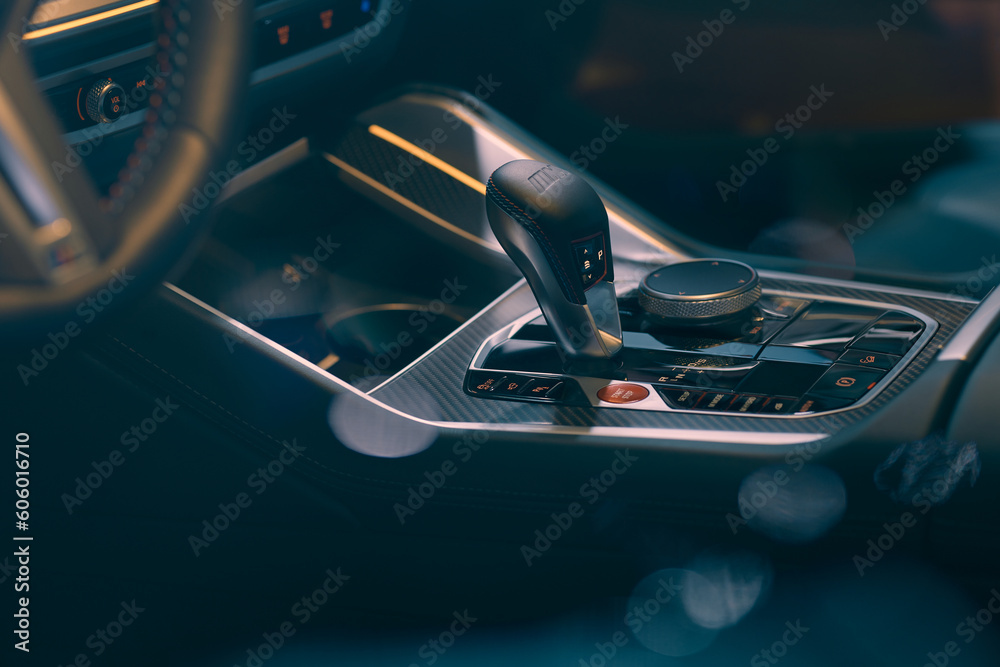 The gearbox and center console of the new BMW XM. The cockpit is ...