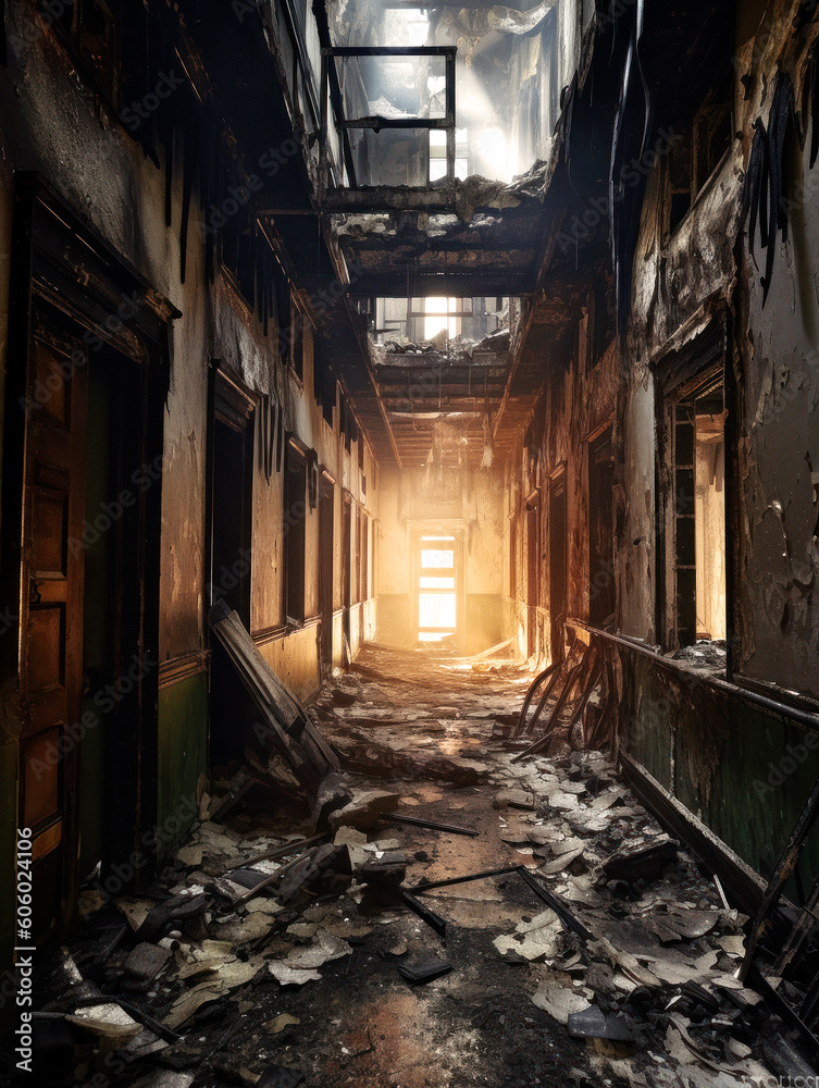 Echoes of war, an apartment building stands, gutted by fire. Its once ...