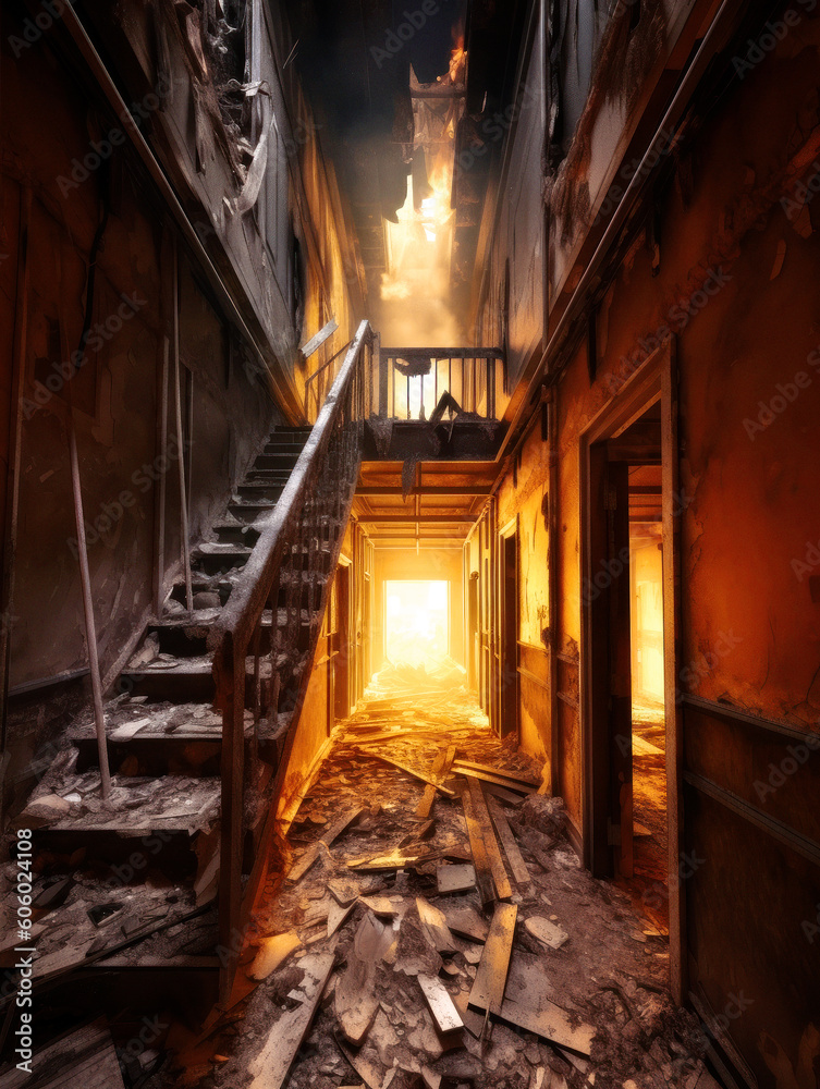 Echoes of war, an apartment building stands, gutted by fire. Its once ...