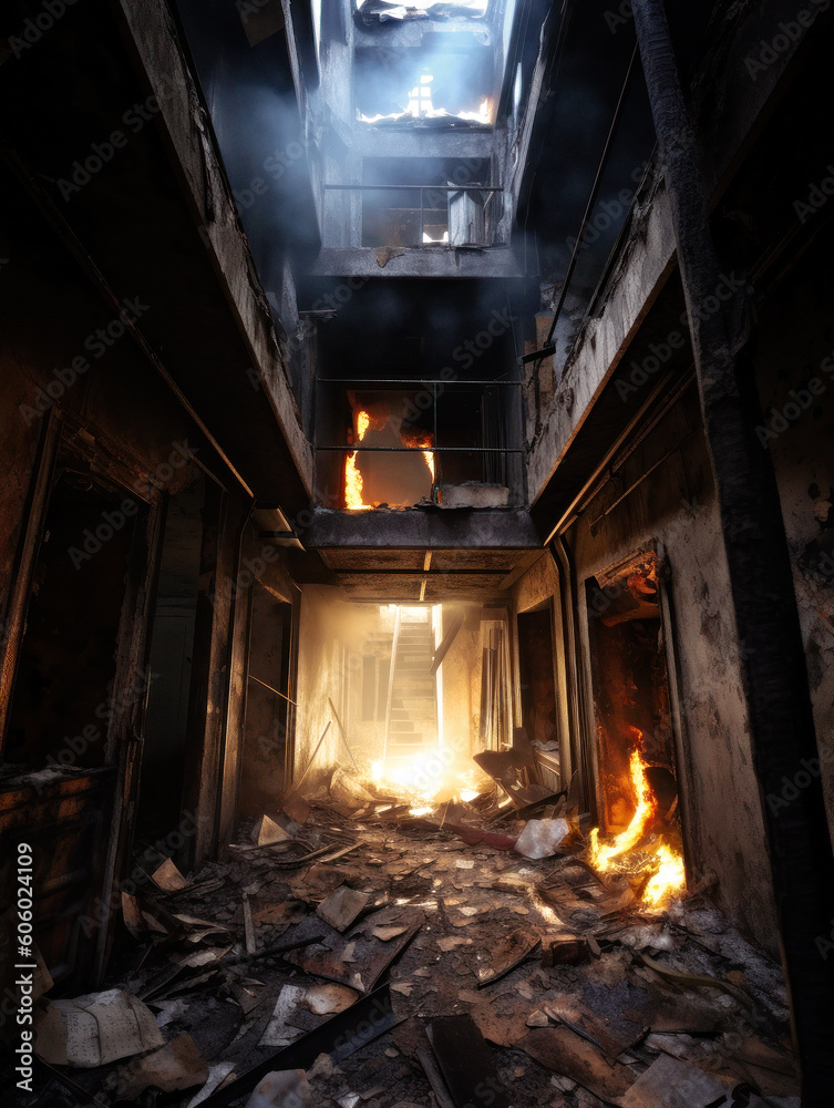 Echoes of war, an apartment building stands, gutted by fire. Its once ...