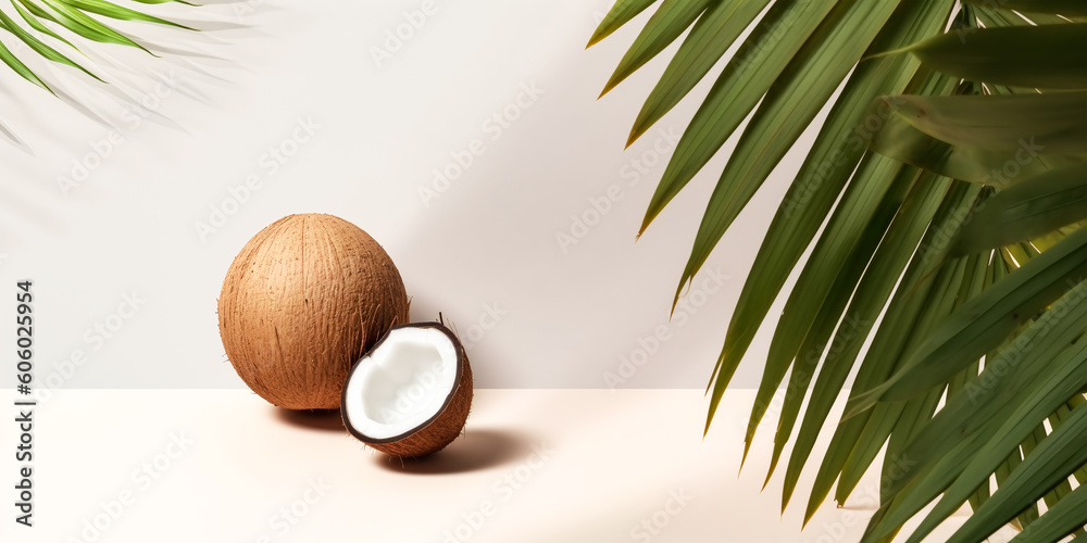 Coconut fruit background.Empty beige room with coconut, tropical leaf ...