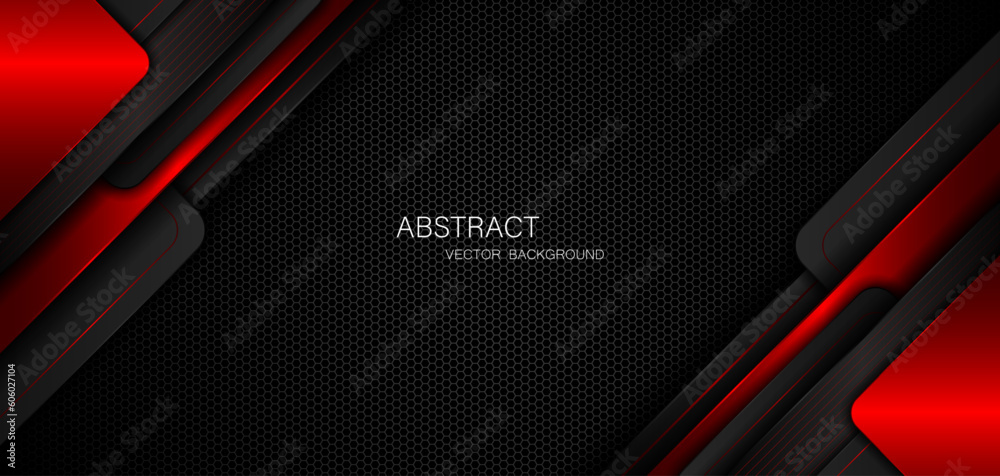 Abstract black and red polygon with red glow lines on dark steel mesh ...