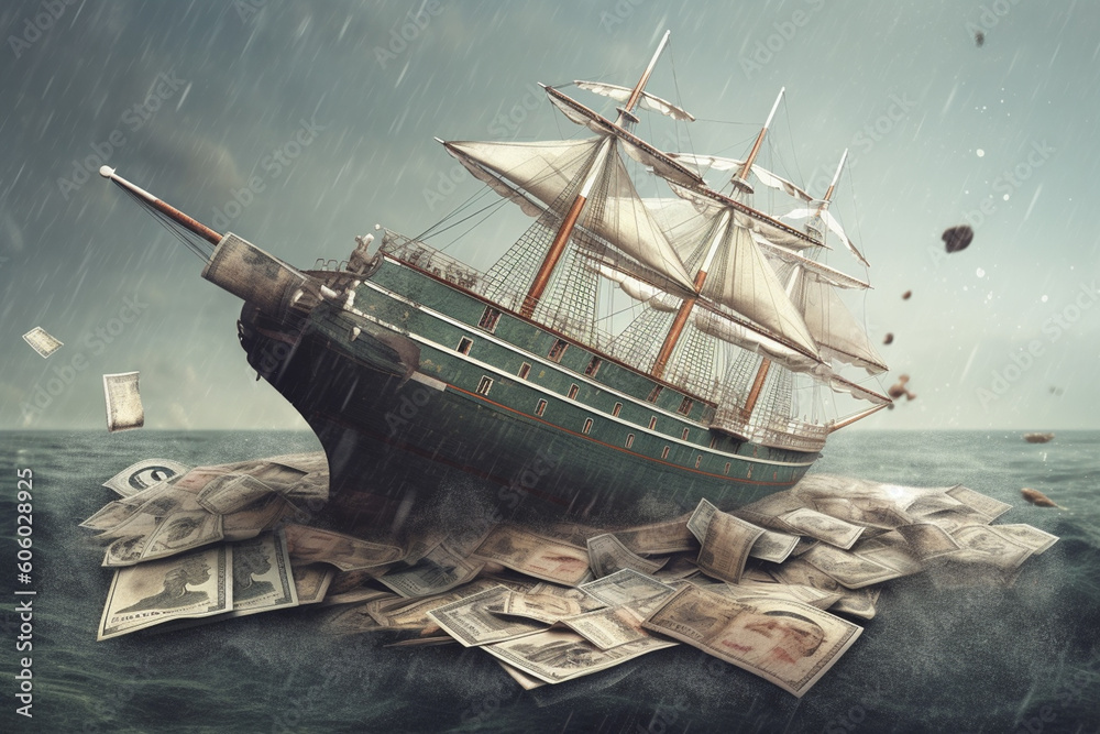 An illustration of a sinking ship with a dollar sign on its sail ...