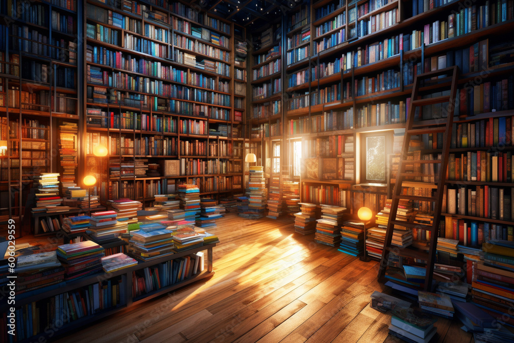 A photograph of a library filled with rows of books, with soft lighting ...