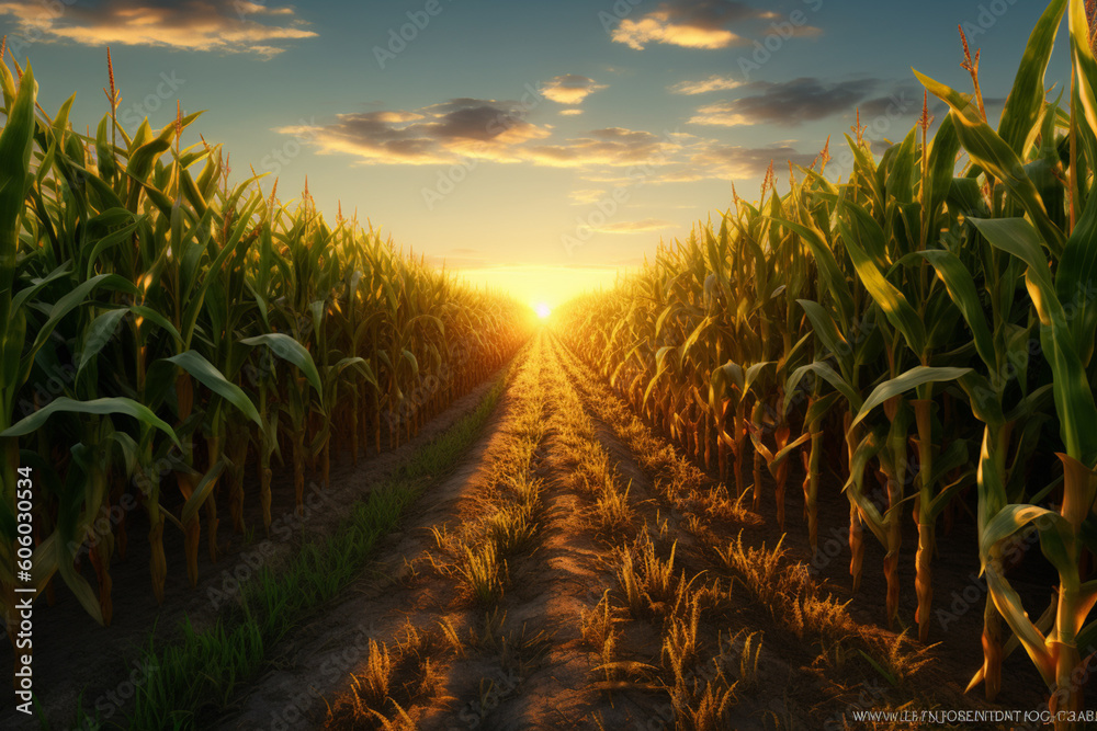 A high-quality image of a maize field during sunset, with rows of tall ...