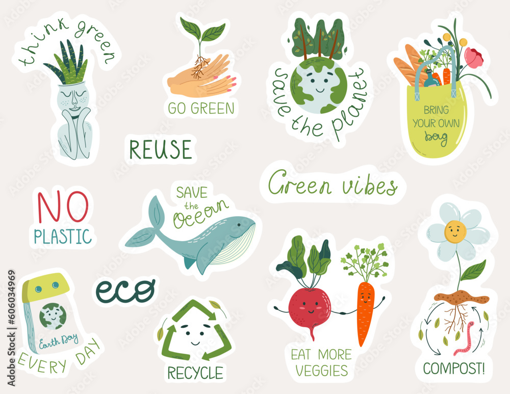 Eco sticker set. Environmental conservation concept. Motivational text ...