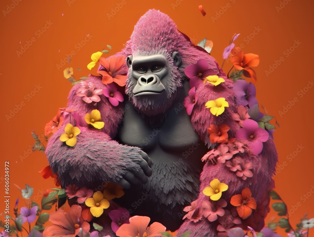 Cute cartoon gorilla , flower background animation tale 3D . Generative ...