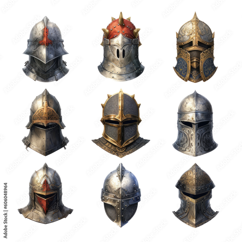 Detailed Concept Designs of Medieval Helmets on Realistic Transparent ...