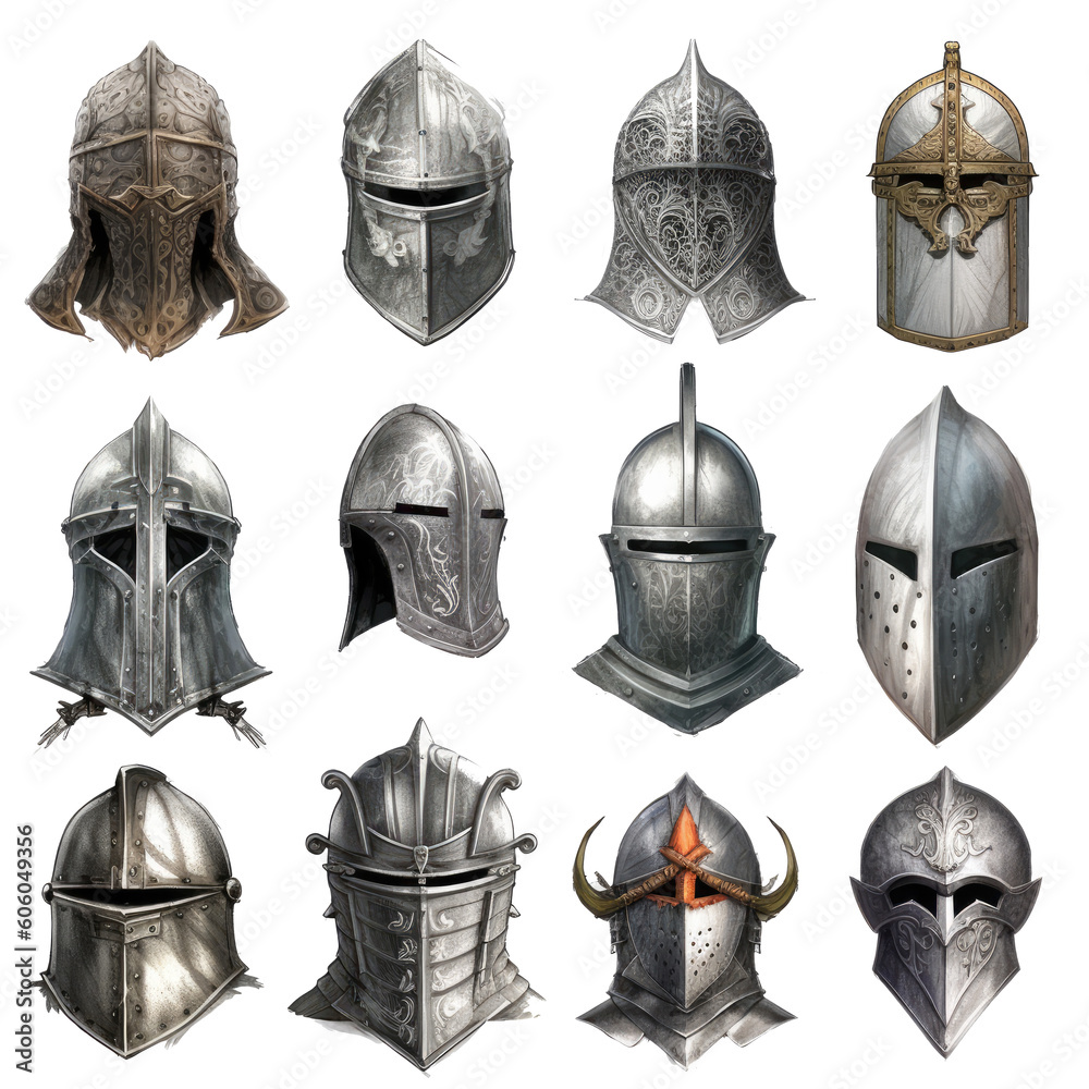 Detailed Concept Designs of Medieval Helmets on Realistic Transparent ...
