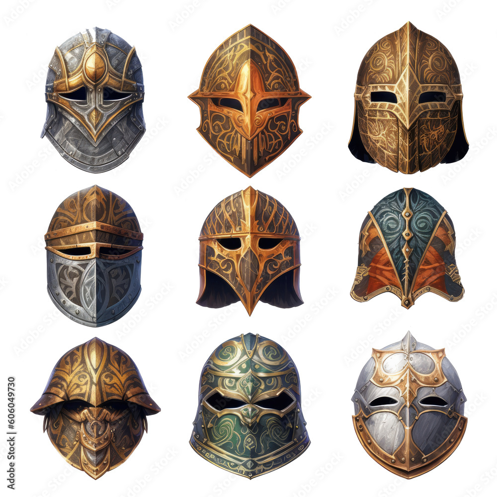 Detailed Concept Designs of Medieval Helmets on Realistic Transparent ...