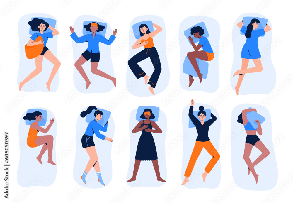 Set Of Multiracial Sleeping Women Women Lying In Various Poses During