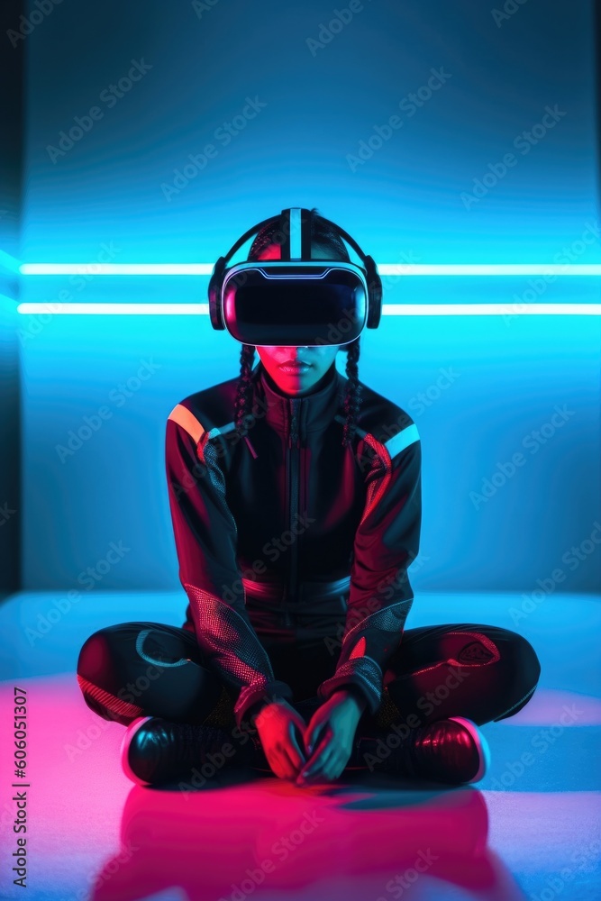 Woman AR/MR/VR Headset, sleek chrome design, bold colors, geometric ...