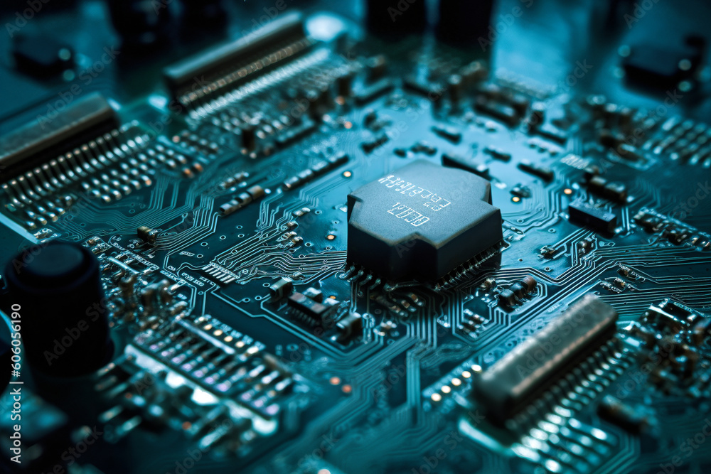 Generative AI illustration of a blue-coloured abstract microchip ...