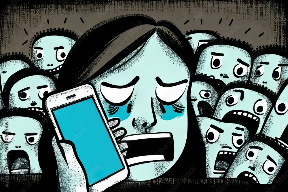 Generative AI illustration of sad girl on smartphone crying against ...