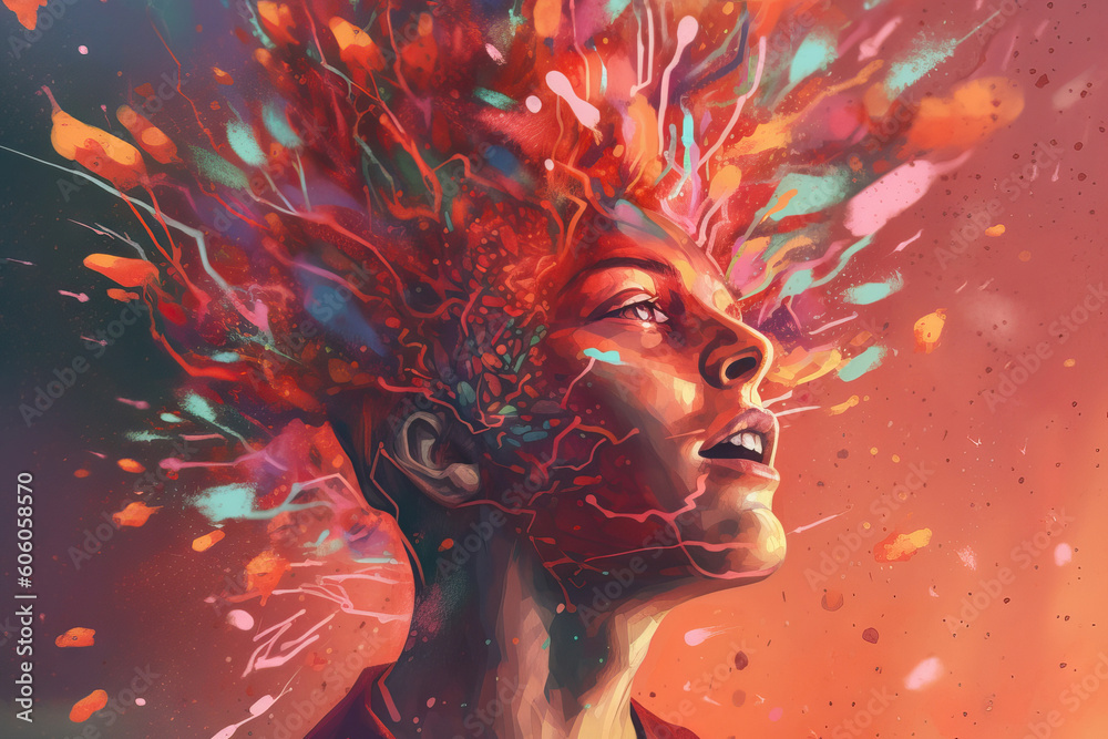 Generative AI illustration of exhausted man with abstract wires in head ...