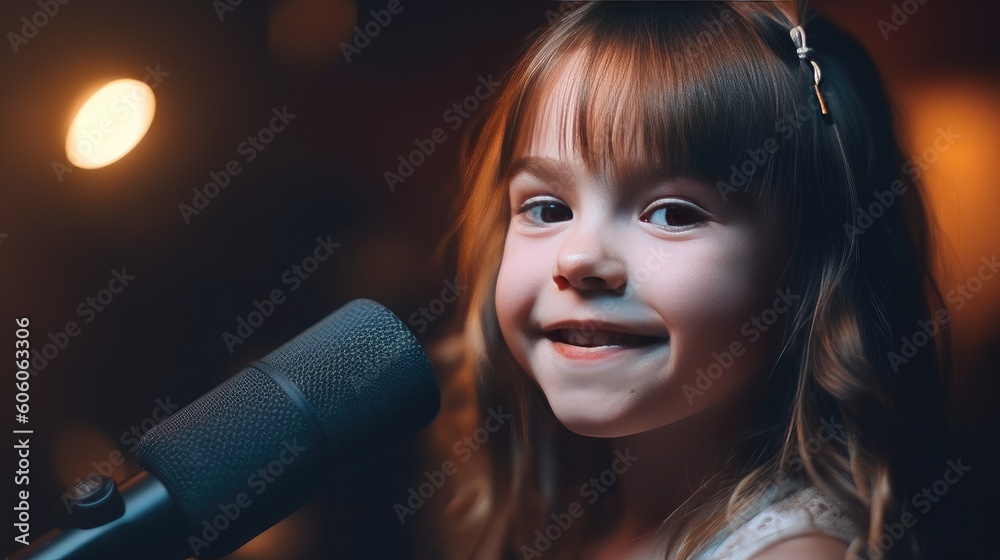 Little singer girl sing song to microphone on stage, attractive singer ...