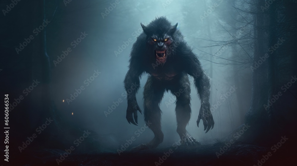 Sinister werewolf with red eyes in gloomy night forest shrouded in mist ...