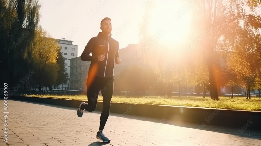 Happy man jogging in morning park sunlight, full body portrait of ...