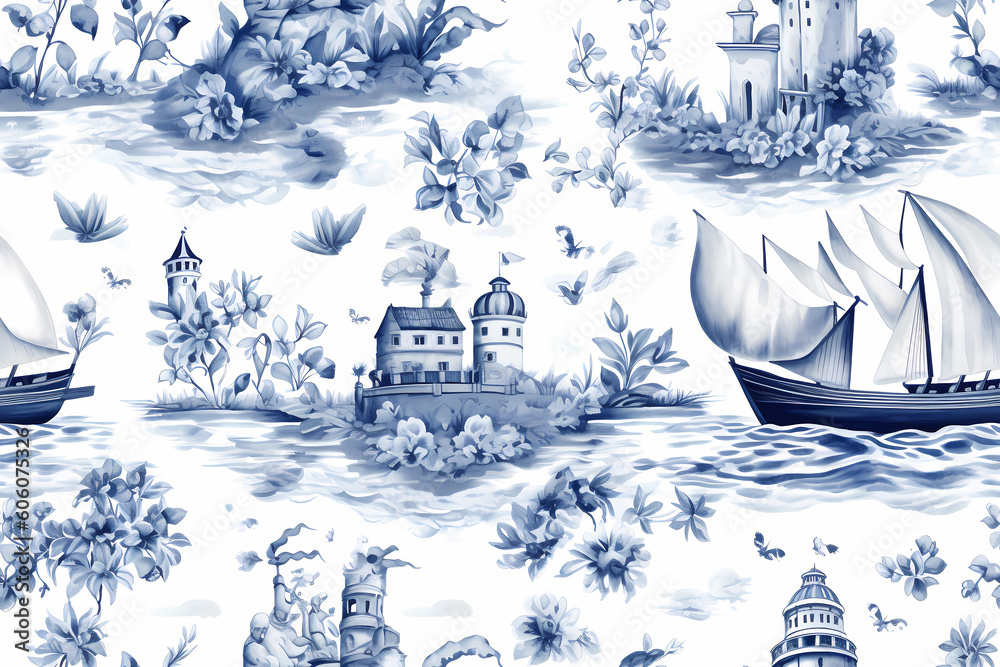 Nautical toile de jouy pattern blue and white Stock Illustration ...