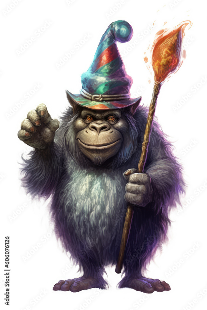 Gorilla with wizard hat and staff cartoon character, isolated on a ...