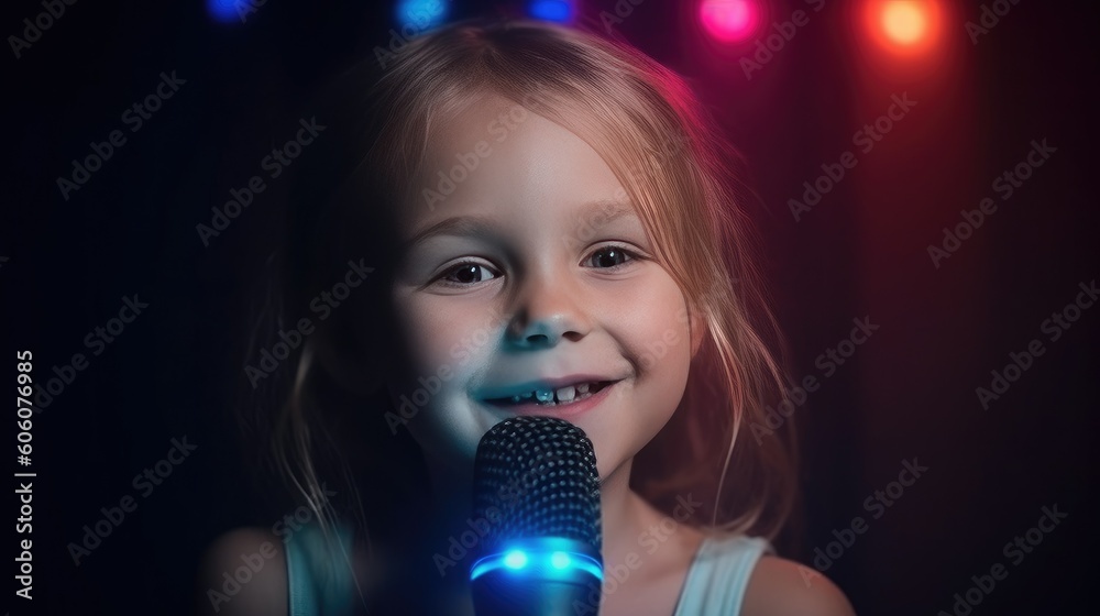 Ilustrace „Little singer girl sing song to microphone on stage ...