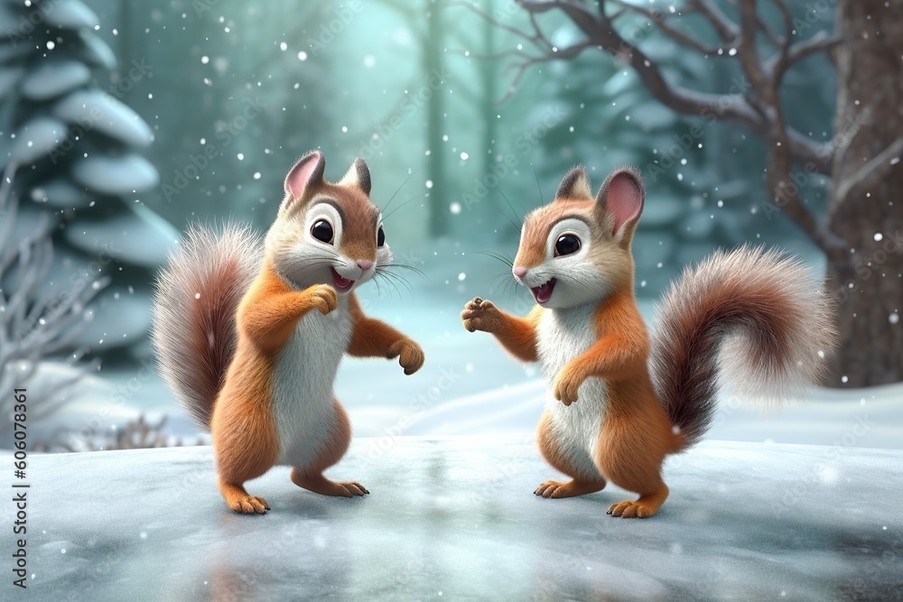 cute adorable two baby squirrels dancing in the snow in the forest ...