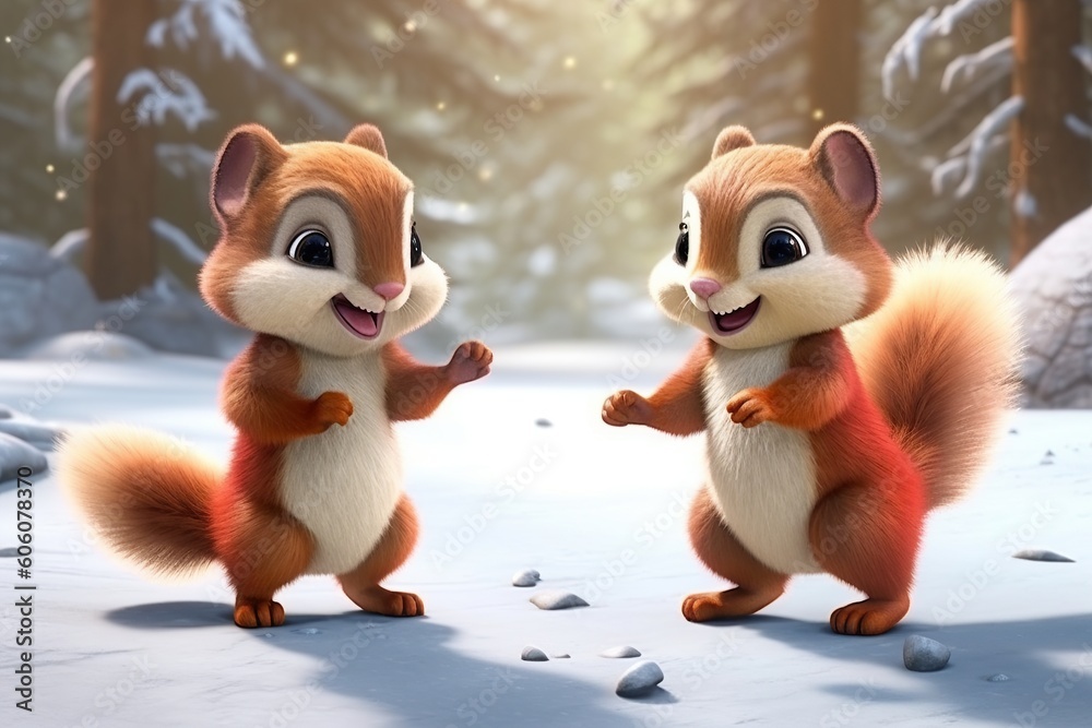 cute adorable two baby squirrels dancing in the snow in the forest ...
