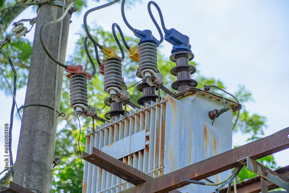 Electrical equipment. Pole-mounted distribution transformer used to ...