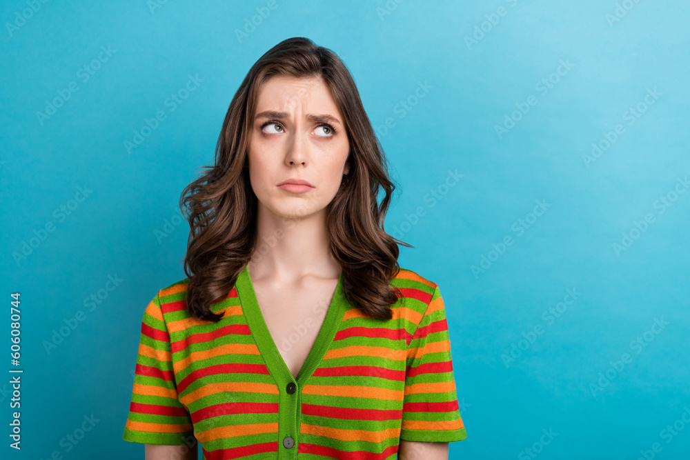 Closeup portrait of young depressed shamed woman brown curls sad face ...