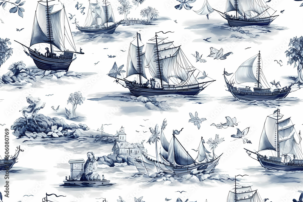 Nautical toile de jouy pattern blue and white Stock Illustration ...