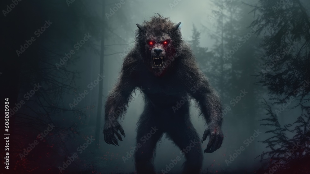 Sinister werewolf with red eyes in gloomy night forest shrouded in mist ...
