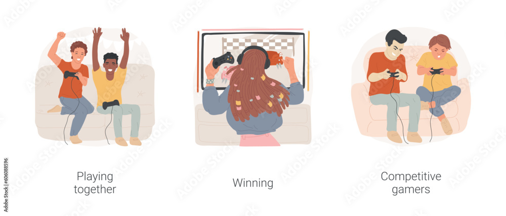 Video games isolated cartoon vector illustration set. Teenagers play ...