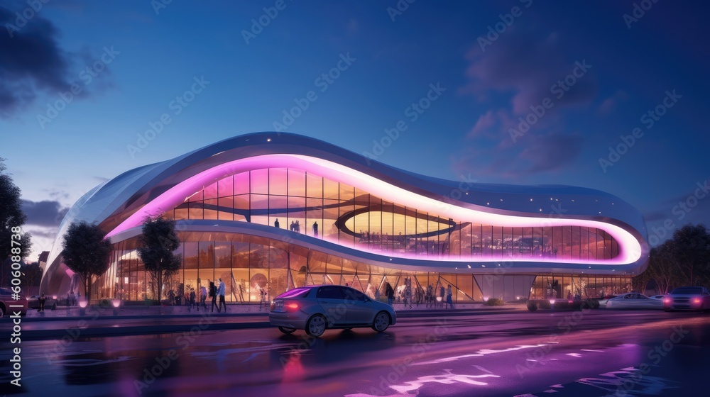 Envision a design concept of a futuristic shopping mall exterior ...