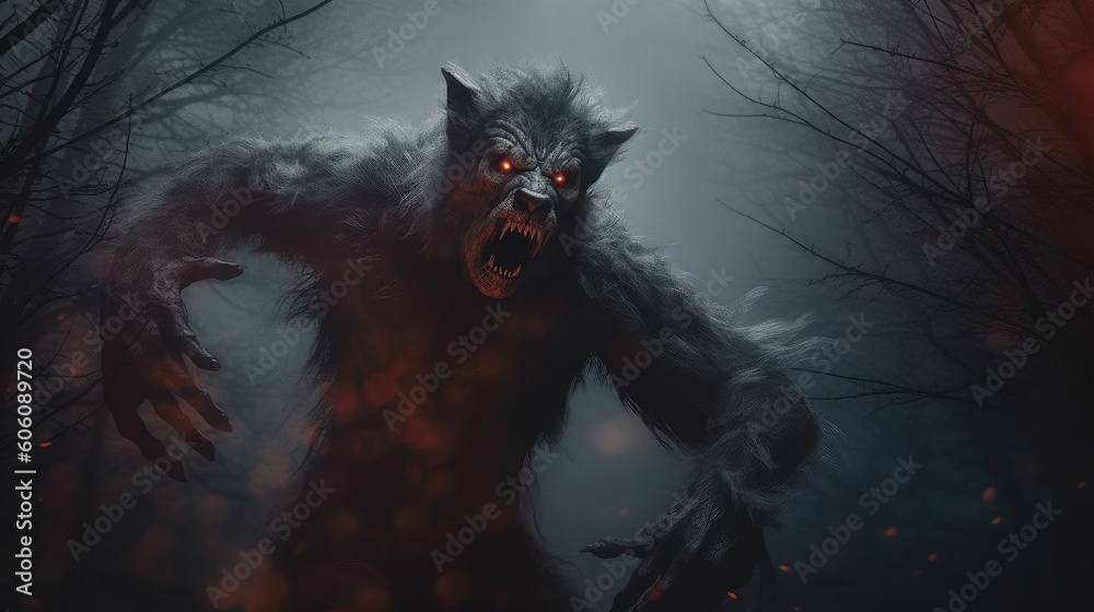 Sinister werewolf with red eyes in gloomy night forest shrouded in mist ...