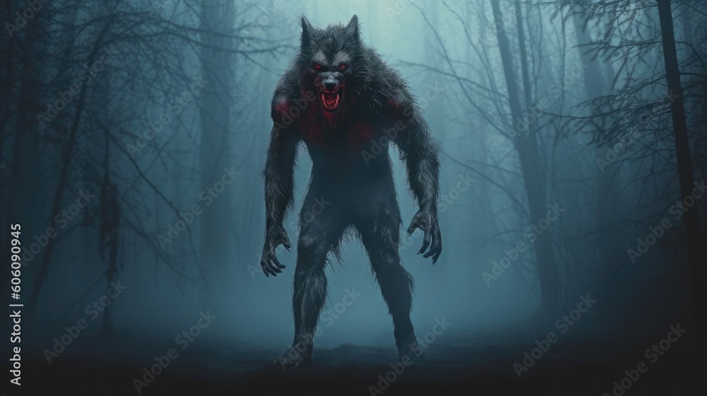 Sinister werewolf with red eyes in gloomy night forest shrouded in mist ...