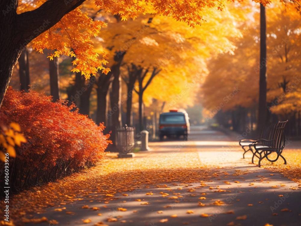 cozy autumn scene, with warm colors and falling leaves, using a prime ...