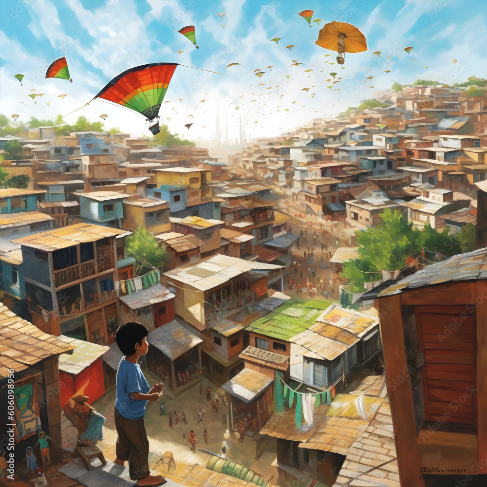 Boy flying a kite in overcrowded slums with square multistory houses ...