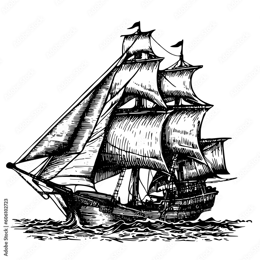 Sailing ship vector illustration. Hand drawn vintage sailing ship in ...