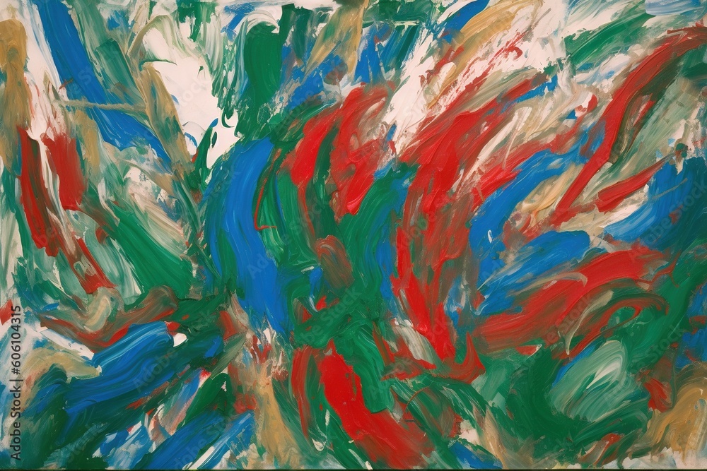 an abstract painting of red, green, and blue colors with white and red ...