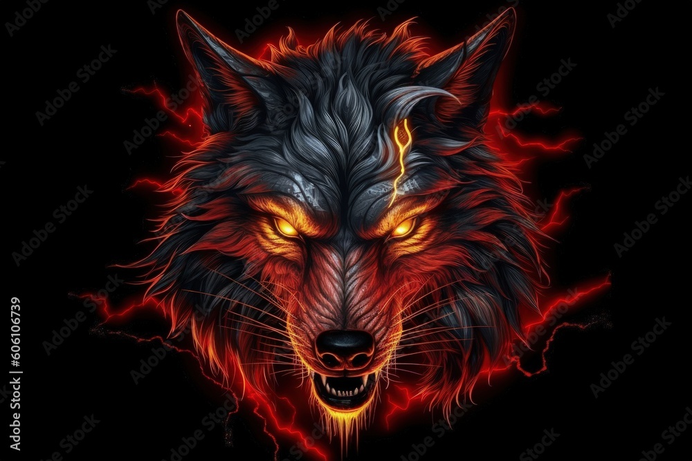 Ferocious wolf face with luminous eyes, background, digital ...